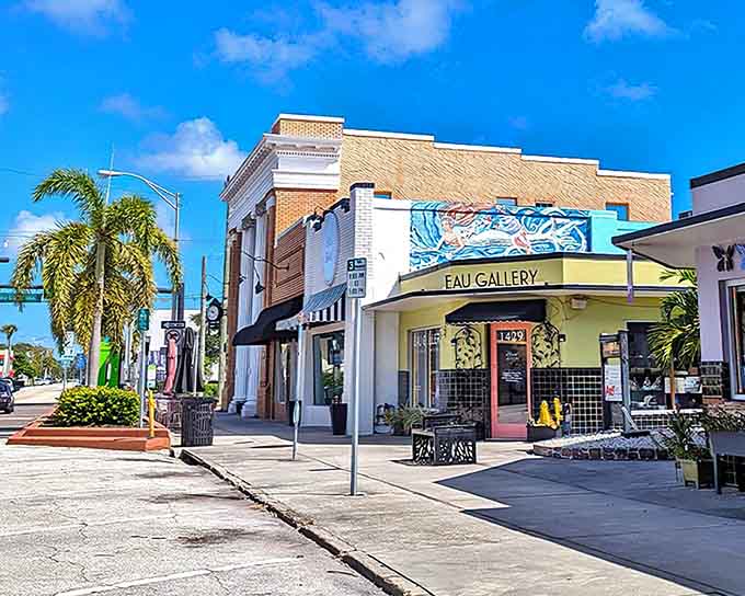 The Eau Gallie Arts District greets visitors with colorful storefronts that look like a box of crayons exploded in the best way possible.