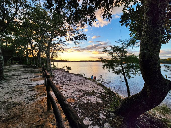 Golden hour transforms Rocky Bayou into a painter's masterpiece, where water and sky compete for which can show off more spectacular colors.