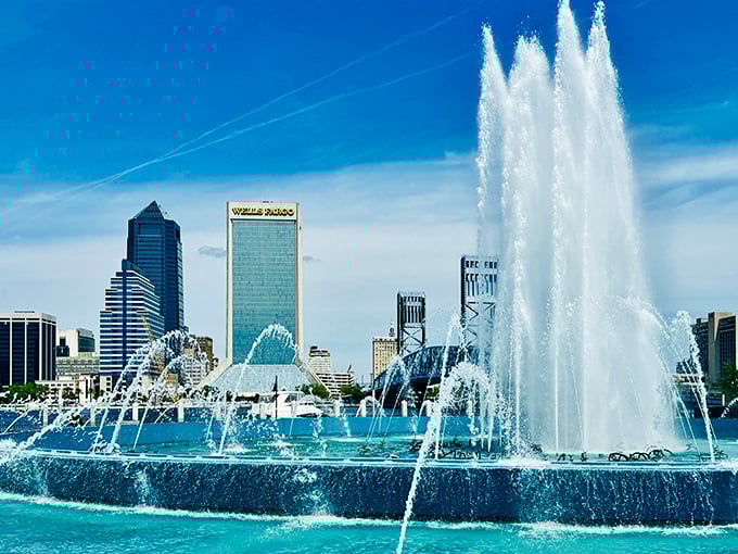 Friendship Fountain's majestic jets reach skyward against Jacksonville's gleaming skyline, creating a water ballet that rivals anything on the Vegas Strip.