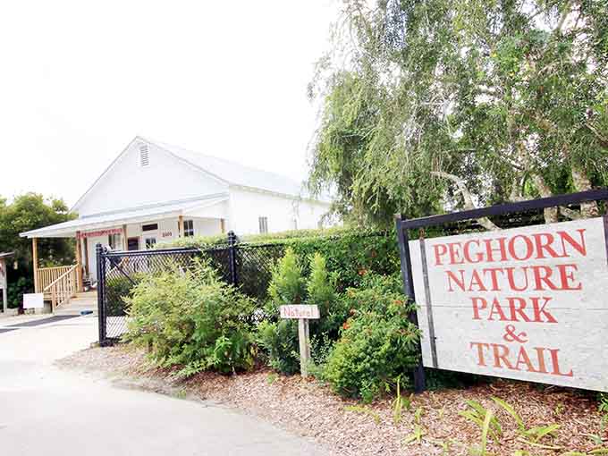 The welcoming entrance to Peghorn Nature Park beckons like an old friend inviting you in for sweet tea and good conversation on the porch.