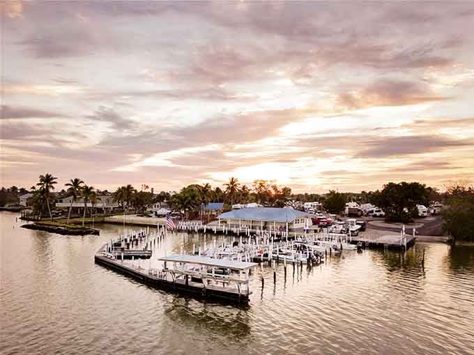 Golden hour transforms this waterfront marina into a postcard from Old Florida, where boats outnumber cars and that's exactly how locals like it.