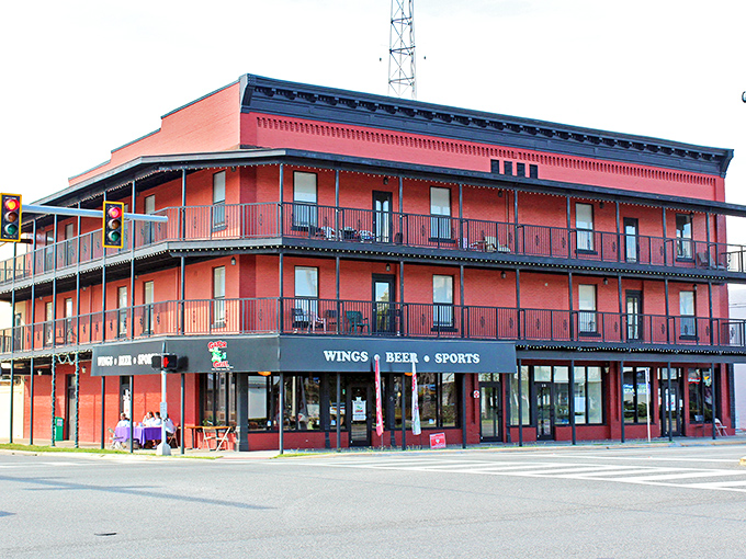 The historic coral-colored building anchors downtown Umatilla with its distinctive balconies and promise of wings, beer, and good times.