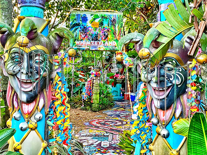 Whimzeyland's entrance welcomes visitors with grinning totems and beaded guardians &ndash; like walking through a portal to the most colorful dimension imaginable.