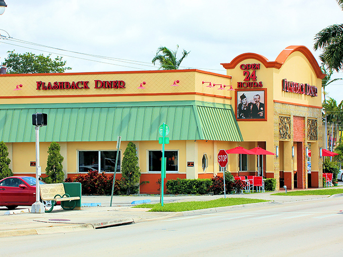 The sunshine-yellow exterior of Flashback Diner stands like a beacon of hope for hungry travelers. Open 24 hours, it's Florida's answer to midnight cravings and early bird appetites.