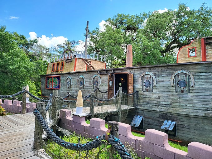 The wooden ship restaurant stands proudly against the Florida sky, a landlocked vessel serving up culinary adventures instead of nautical ones.