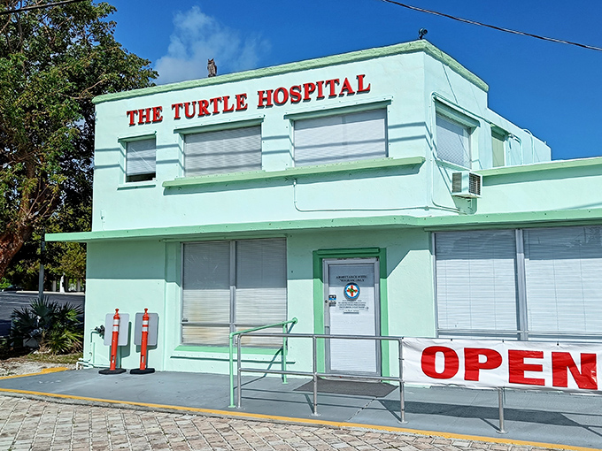 The mint-green fa&ccedil;ade of The Turtle Hospital stands as a beacon of hope along Marathon's Overseas Highway, welcoming visitors with its cheerful "OPEN" sign.