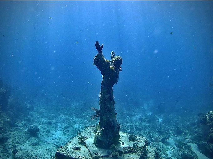 Viewed from behind, the statue's outstretched arms seem to embrace the entire reef, a silent guardian of this fragile marine environment.