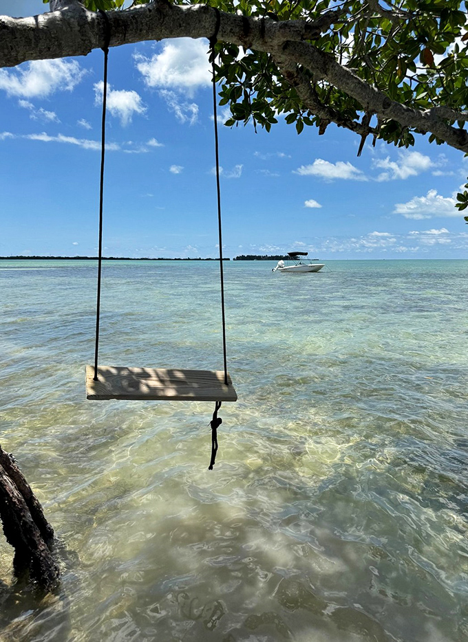 A simple wooden swing suspended over crystal waters &ndash; proof that the best pleasures are often the simplest ones.
