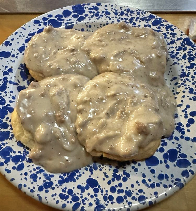 Biscuits swimming in creamy gravy – Southern comfort food that gives the pancakes a run for their money.