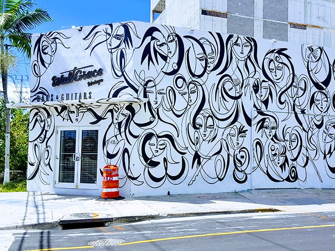 This black and white mural outside Will Grace Guitars shows that sometimes the most powerful street art comes in monochrome.