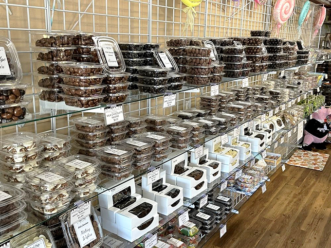 Chocolate Display Shelves: A treasure trove of packaged delights awaits, organized with the precision of a chocolate library.
