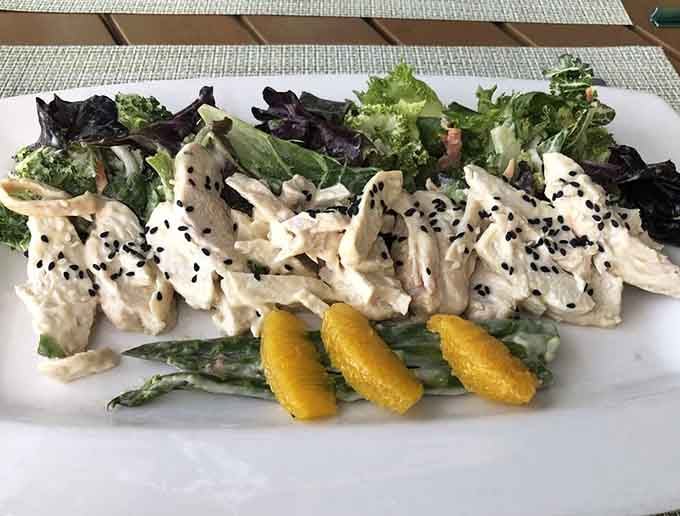 This chicken salad looks almost too pretty to eat, but that would be a terrible waste of perfectly good food.