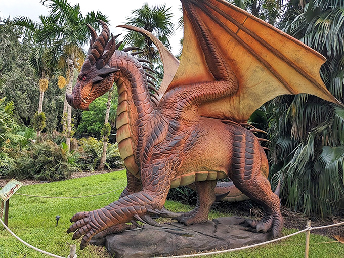 The garden's dragon sculpture breathes artistic fire into the landscape, its copper scales gleaming like treasure among the tropical foliage.