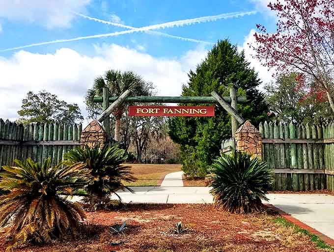 Fort Fanning's entrance stands as a reminder that this peaceful paradise once witnessed history's less tranquil chapters.