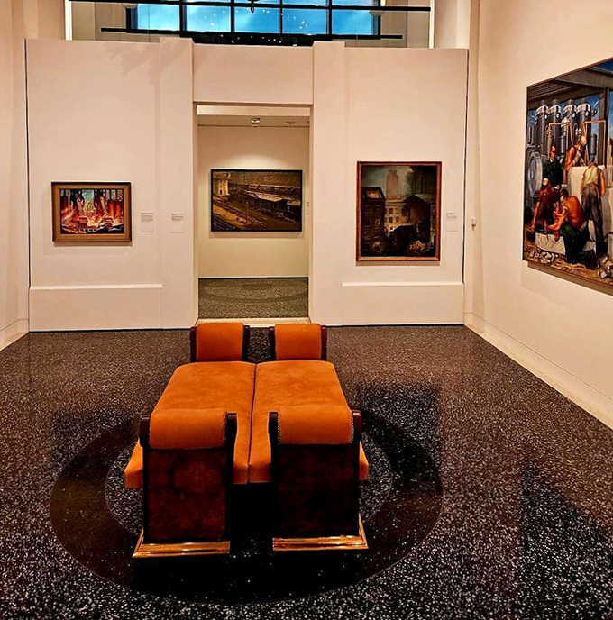 The gallery's thoughtful layout invites contemplation, with comfortable seating that lets you absorb the artistic conversation happening on the walls around you.