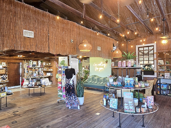 Bamboo ceiling, warm lighting, and carefully curated displays transform shopping into an experience rather than just a transaction.