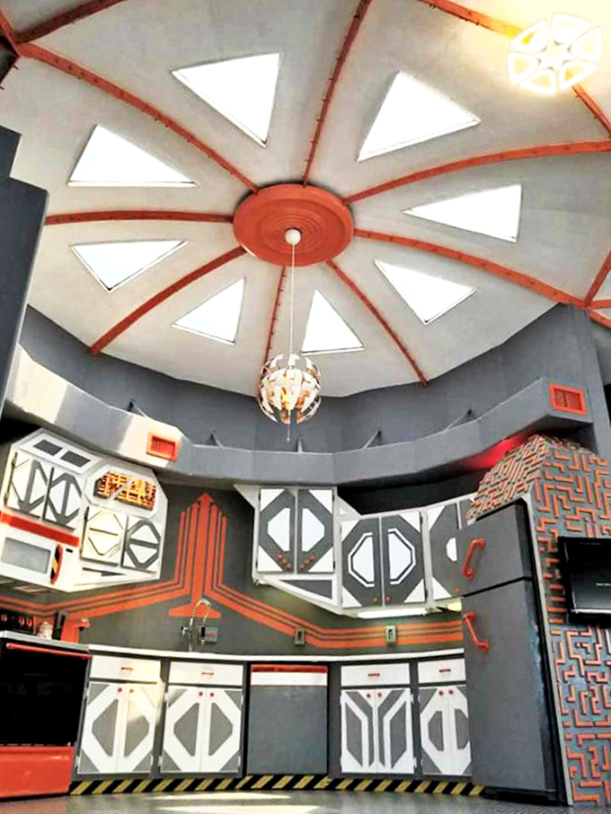 Look up in the kitchen and find a starburst of triangular skylights that flood the space with natural light all day long.