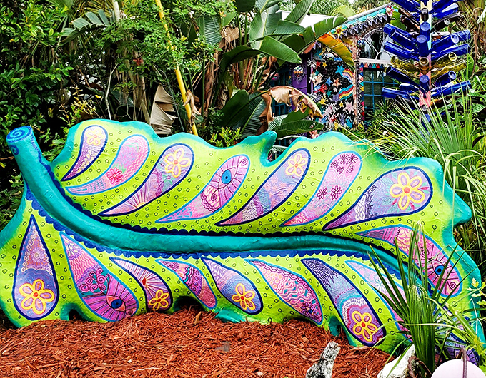 This leaf-shaped bench isn't just functional art &ndash; it's nature reimagined through a kaleidoscope, inviting visitors to rest in technicolor comfort.