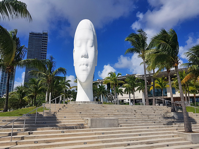 "Looking Into My Dreams, Awilda" by Jaume Plensa rises 39 feet tall, a serene white sentinel with closed eyes that somehow sees everything.