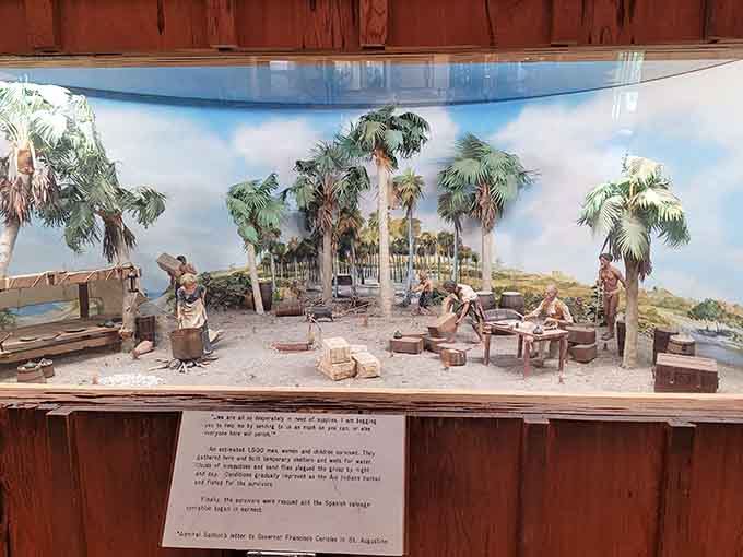 Detailed dioramas recreate the salvage camps where desperate survivors worked to recover their sunken fortunes from the sea.