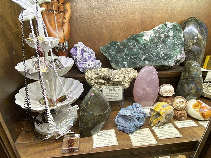 Earth's treasures sparkle in this mineral display, where ancient crystals and gemstones promise both beauty and mystical properties.