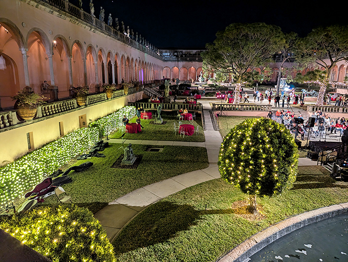 When night falls, the courtyard transforms into a magical wonderland that would make Gatsby himself nod in approval.