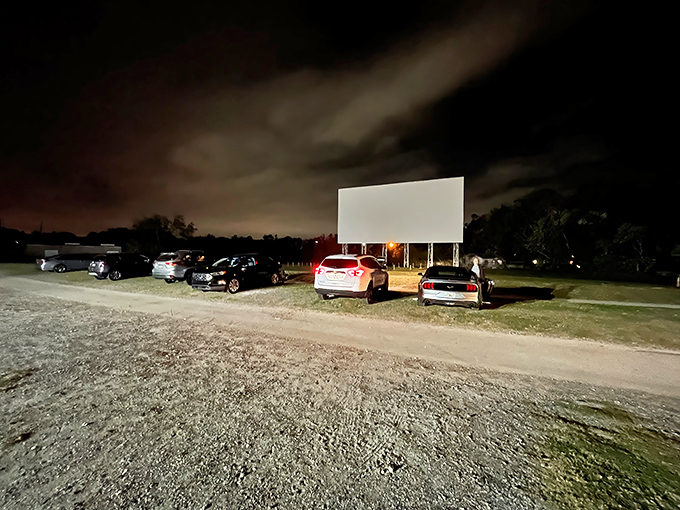 Cars gather in neat rows facing the illuminated screen, headlights off, radios tuned to the right frequency for movie magic.