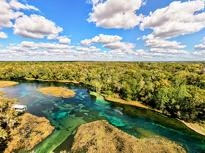 From above, the spring's true colors reveal themselves – a painter's palette of blues and greens that defy photographic justice.