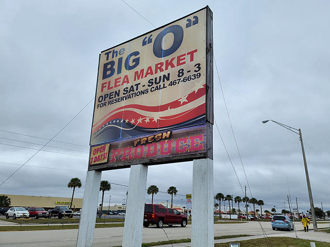 The iconic Big O sign stands tall against Florida's moody sky, a beacon for treasure hunters and nostalgia seekers.