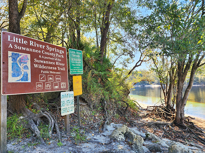 Where adventure meets preservation: signage marks this spot as part of the greater Suwannee River Wilderness Trail system.