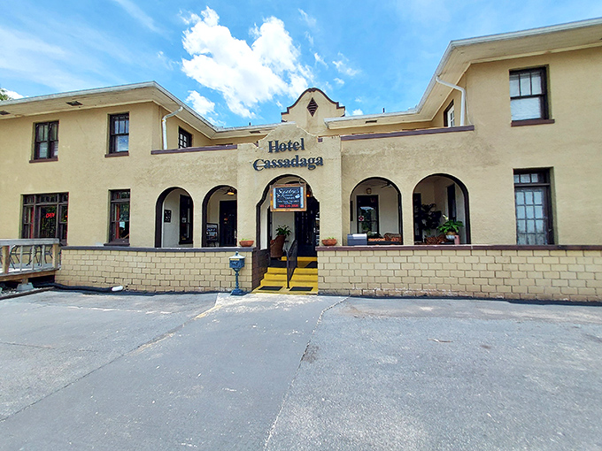 Hotel Cassadaga's historic facade and arched entryway transport visitors to an era when travel was an occasion and architecture told stories.