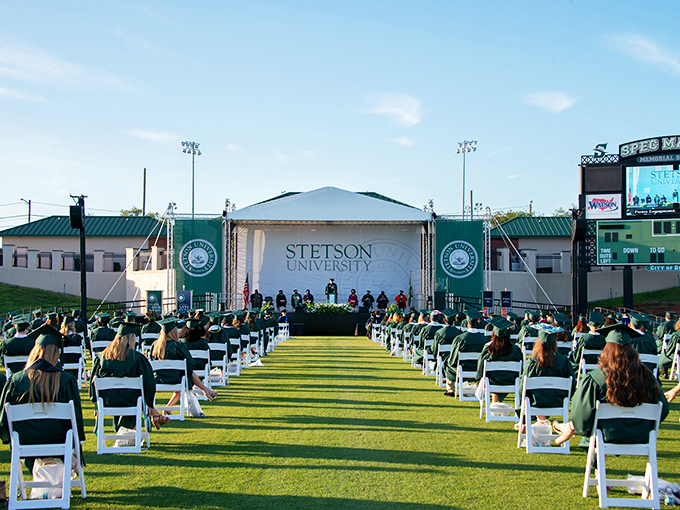 Stetson University's green spaces and red-brick buildings create the quintessential college atmosphere, bringing youthful energy to this historic Florida town.