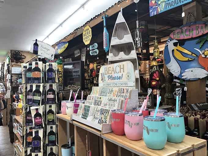 Beach-themed merchandise and colorful cups ready to hold your next frozen wine adventure.
