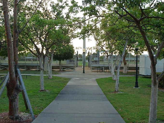 Tree-Lined Walkway Dappled sunlight creates nature's stained glass along this serene path, inviting contemplative strolls between more energetic park activities.