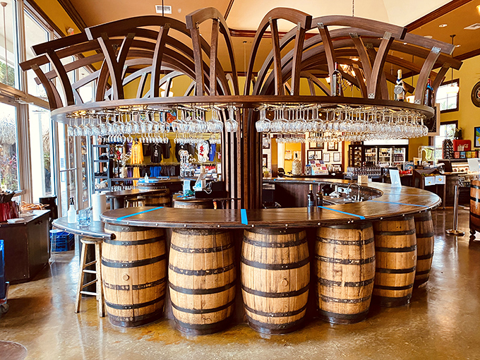 Barrel dreams: Schnebly's tasting room features a creative bar built from repurposed wine barrels beneath a canopy of glasses.