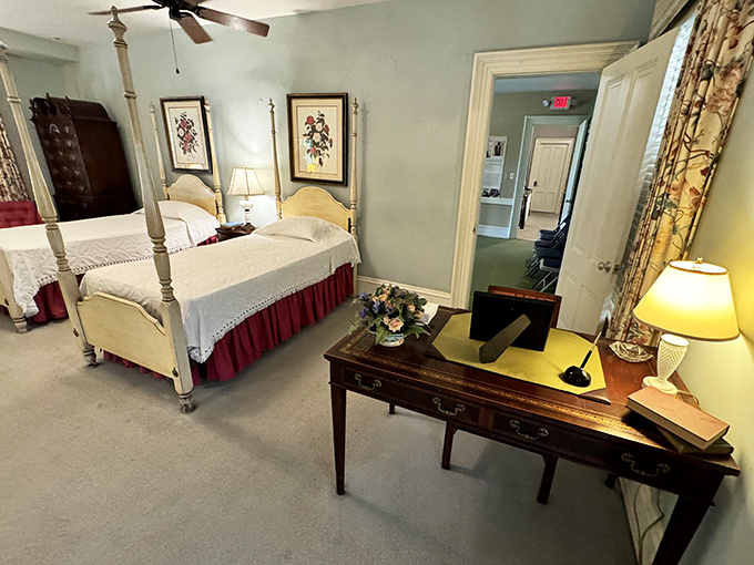 The presidential bedroom, with its four-poster bed and elegant furnishings, reminds us that even world leaders need a comfortable place to rest.