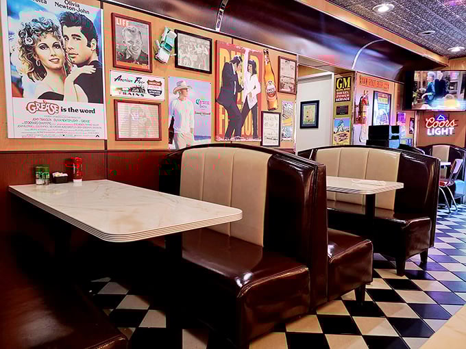 Movie posters and memorabilia transform ordinary booths into time capsules where every meal comes with a side of nostalgia and cultural history.