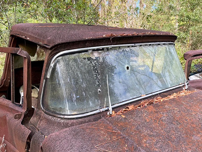 The bullet-cracked windshield adds an extra layer of mystery and intrigue, making you wonder what stories this old vehicle could tell if it could talk.