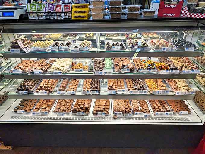 Chocolate display case so meticulously arranged it makes jewelry stores look like they're not even trying.