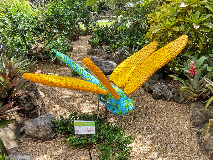 A dragonfly crafted from LEGO bricks hovers perpetually, proving imagination can transform plastic blocks into something magically lifelike.