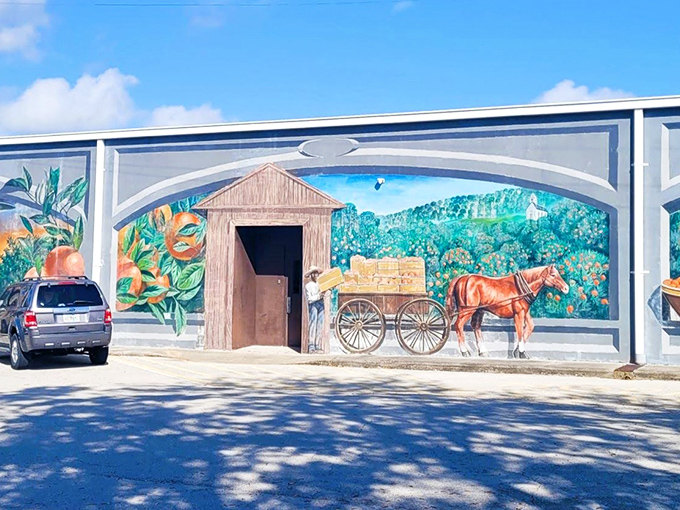 Rural Florida comes alive with this three-dimensional doorway illusion, complete with horse-drawn wagon and citrus groves.
