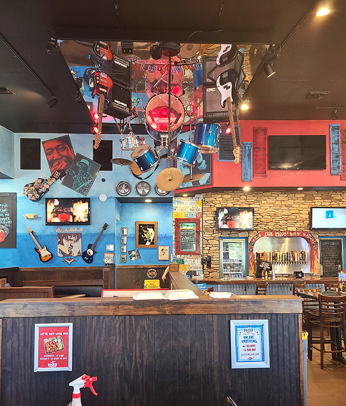 Musical instruments and memorabilia create an immersive atmosphere where your eyes feast while you wait for your taste buds' turn.