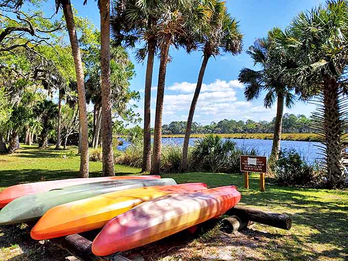 Colorful kayaks await adventure on Bulow Creek, the same waterway that once carried sugar to distant ports.