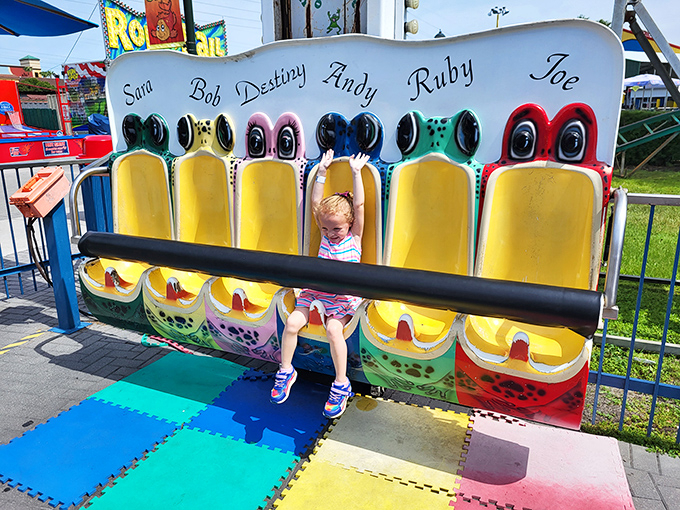 These colorful duck-themed kiddie rides come with built-in personalities. Each one has a name, which is more than I can say for some people I've dated.