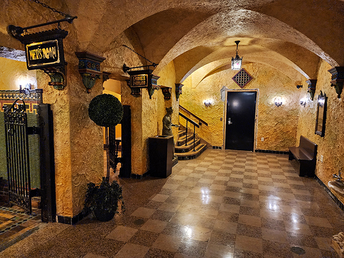 Even the path to the restrooms feels like a stroll through a European courtyard, making "I'll be right back" its own little adventure.