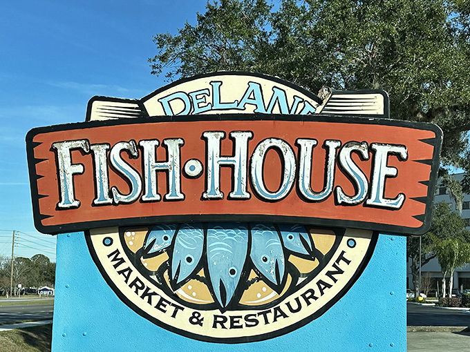 The iconic DeLand Fish House sign stands as a beacon for seafood lovers and dessert enthusiasts alike &ndash; a landmark that promises satisfaction inside.