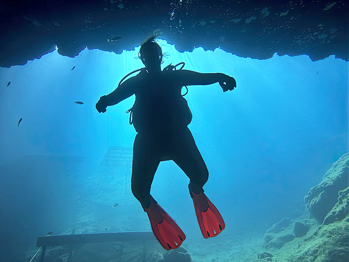 Silhouetted against heaven's light, divers explore the boundary between two worlds. Half-fish, half-human, all adventure.