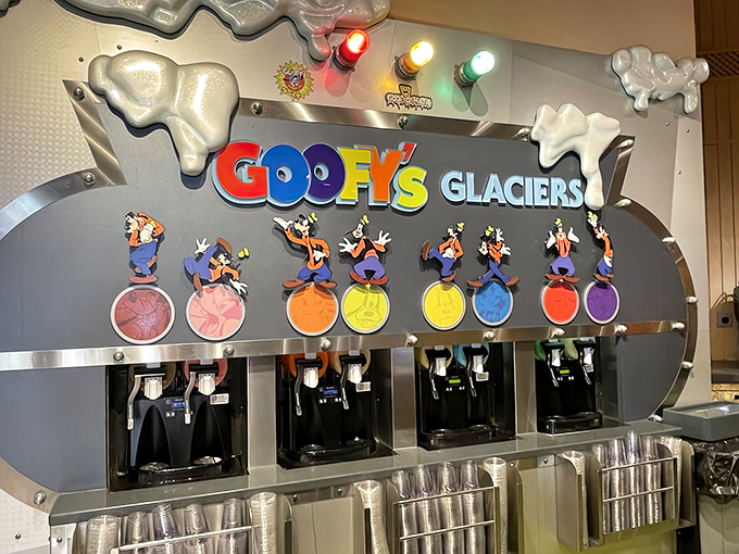 Goofy's Glaciers slush station offers a rainbow of frozen flavors, each promising brain freeze with a side of pure joy.