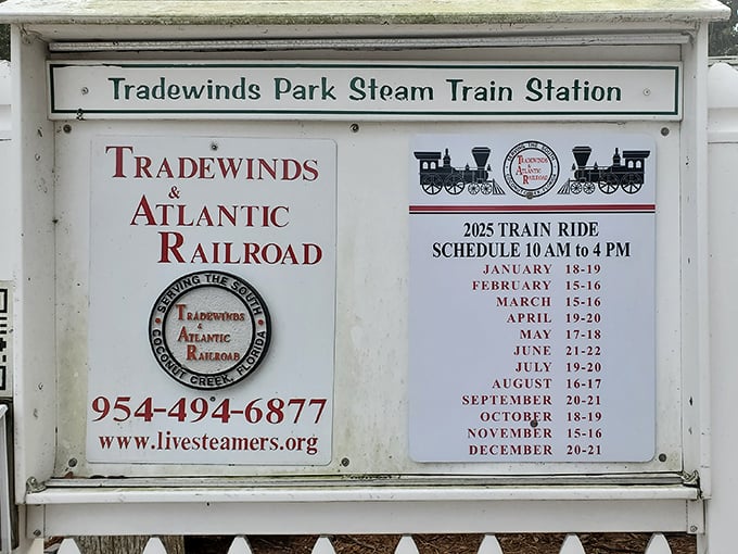 Plan your visit carefully! This schedule board shows the railroad only operates monthly, making each opportunity to ride these tiny trains a special occasion.