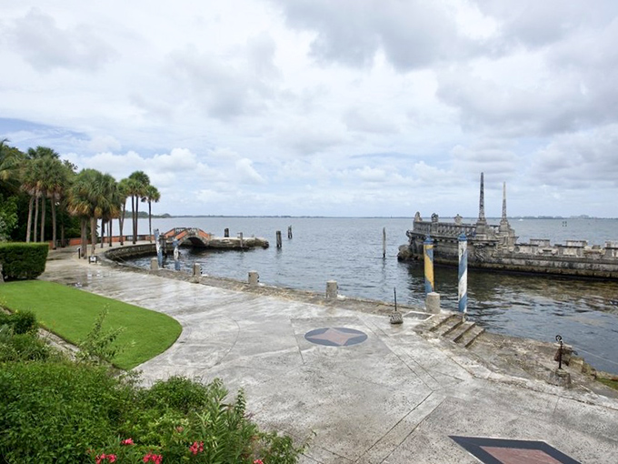 The stone barge jutting into Biscayne Bay proves that even breakwaters can have style &ndash; practical engineering with a dramatic flair.